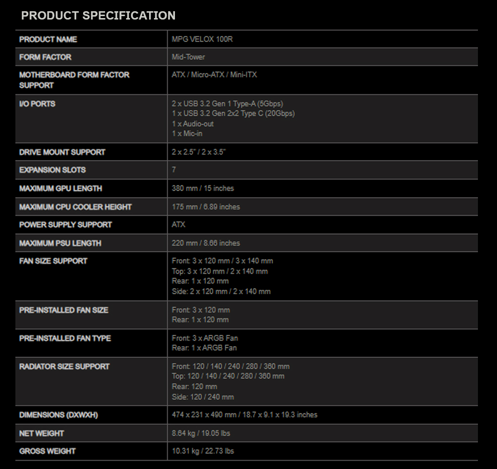 MSI MPG VELOX 100R PC Case - Mid Tower / Tempered Glass / Black ...