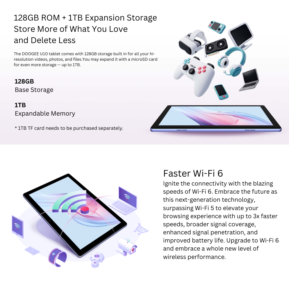 DOOGEE U10 Tablet | 10.1" IPS HD Display | Quad Core RK3562 | Android 13 | 9GB (4+5GB) RAM+128GB ...