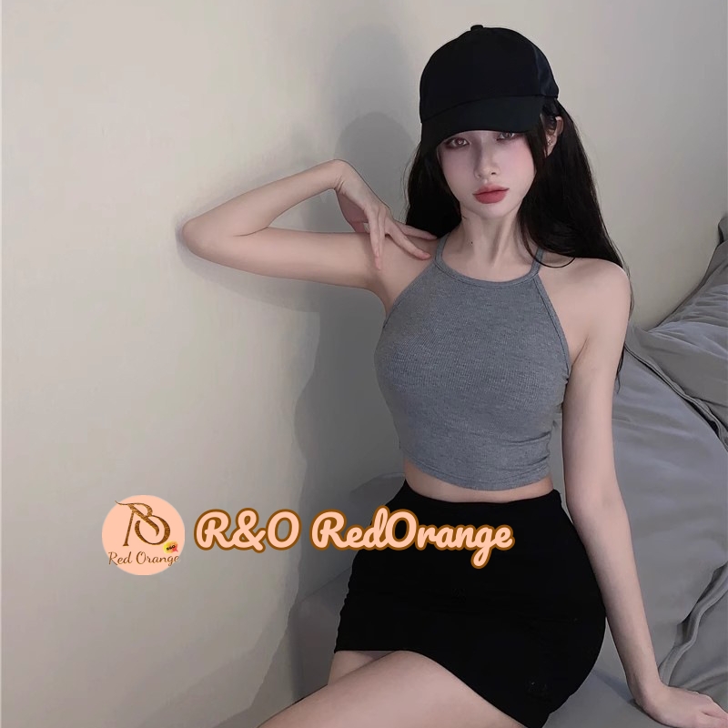 R&O Knitted Spaghetti halter neck Strap Tanks Crop Top For Women korean ...