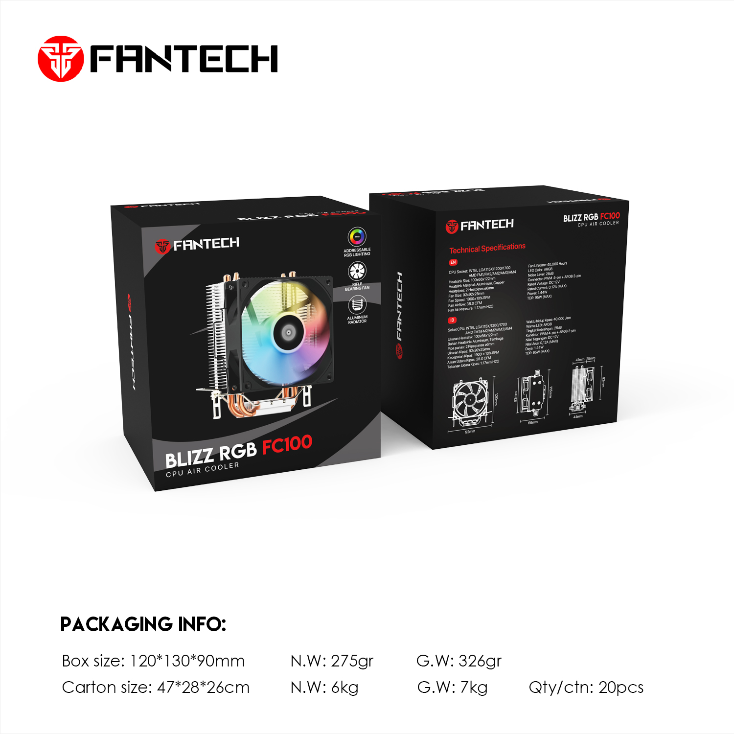 Fantech FC100 Blizz ARGB Tower CPU Air Cooler CR1200 High-Performance ...