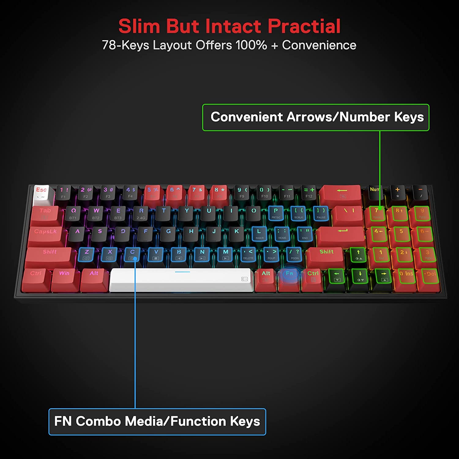 Redragon Pollux RGB 78 Keys Mechanical Gaming Keyboard Blk-Red-White ...