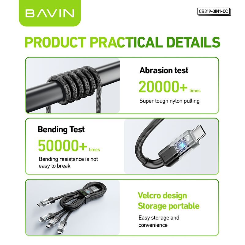 BAVIN CB319 60W PD Fast Charging Cable 3 in 1 Type-C / USB Nylon ...
