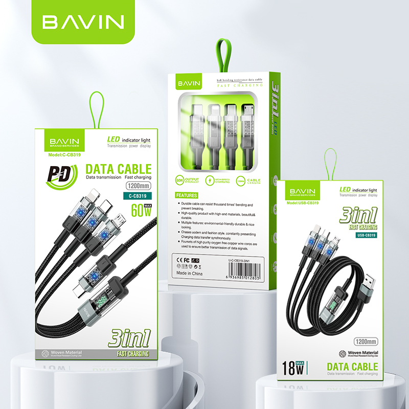 BAVIN CB319 60W PD Fast Charging Cable 3 in 1 Type-C / USB Nylon ...