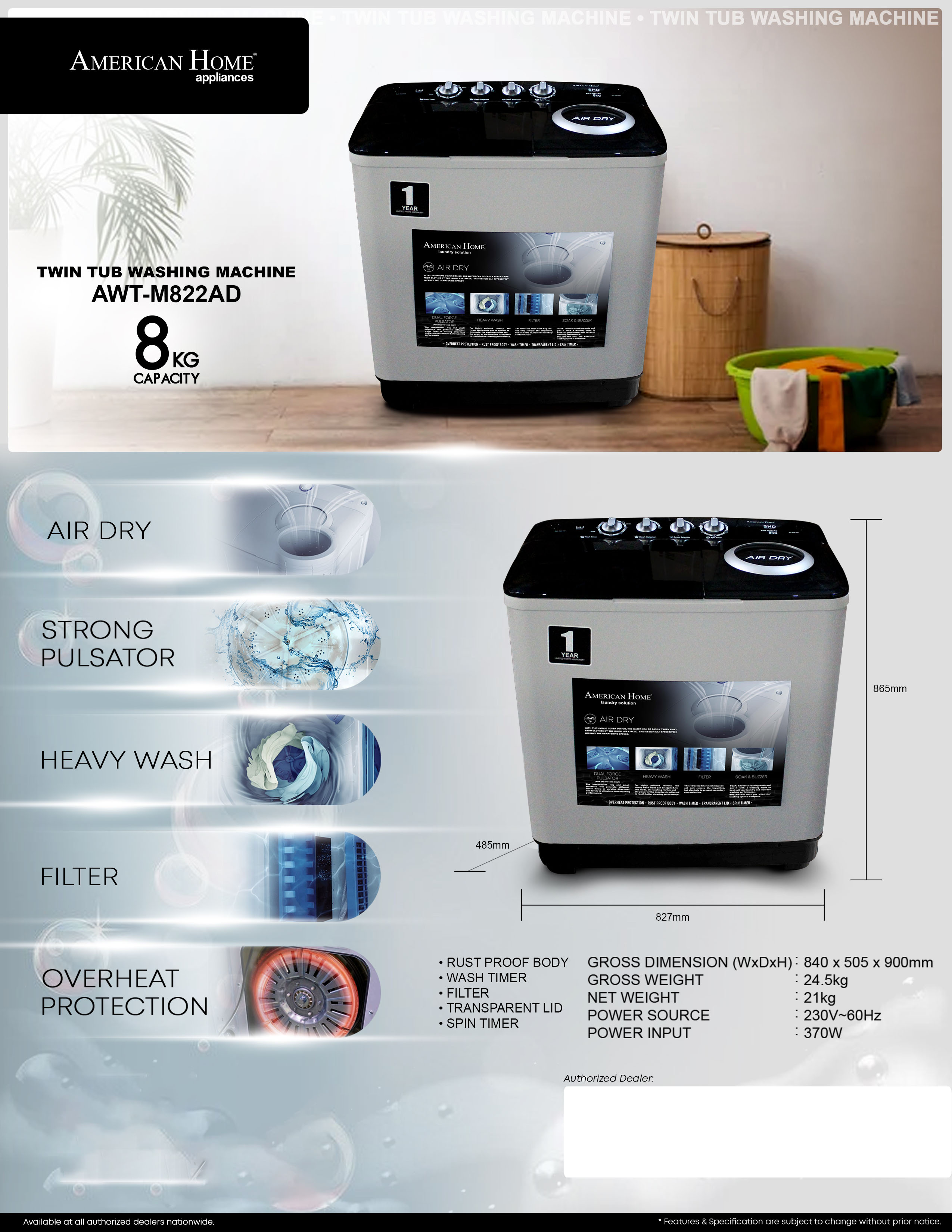 American Home Twin Tub Washing Machine AWT-M822AD 8KG | Shopee Philippines