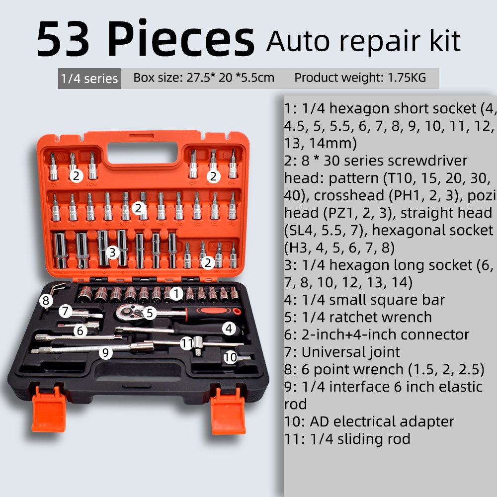Ceyes 46/53Pcs Socket Wrench Set Vehicle Wrenches Chrome Vanadium Steel Auto Car Repair Tool Box ...