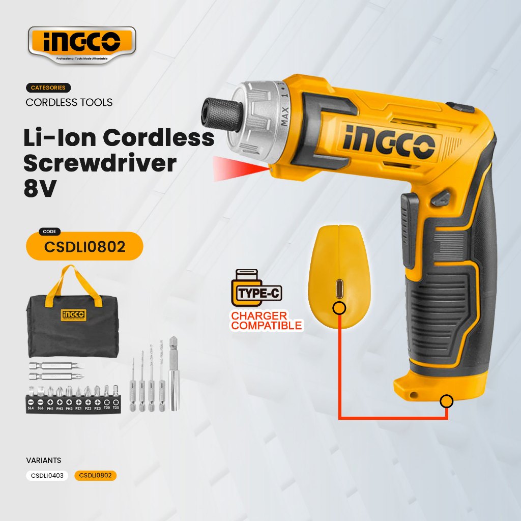 INGCO Lithium-Ion Cordless Screwdriver Set Portable Rechargeable Tool w ...