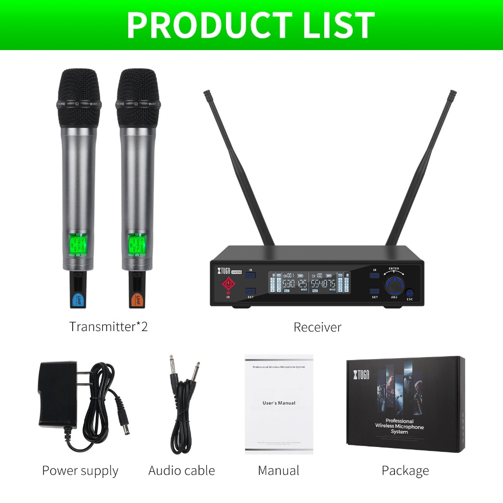 XTUGA XM200 Professional 2 Channel UHF Wireless Microphone System True Diversity Wireless ...