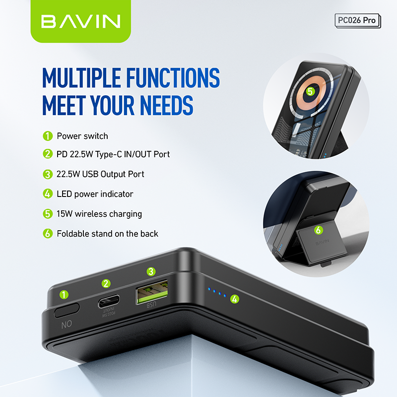 BAVIN PC026 Pro 10000mAh Foldable Magnetic QI 15W Wireless Powerbank Built-in w/ Free Magnetic ...