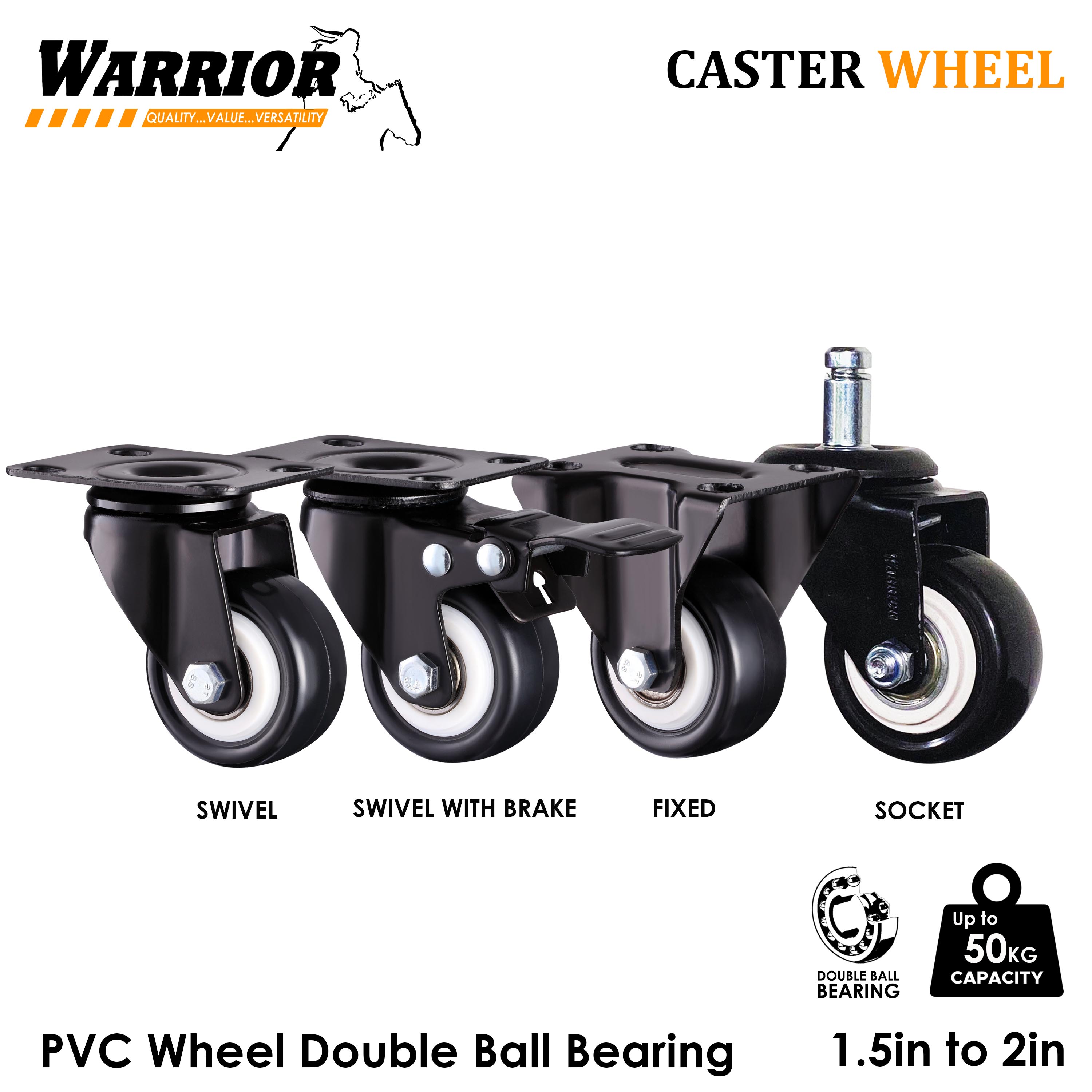 WARRIOR BLACK PVC CASTER WHEEL 1.5 | 2-inches Swivel, with Brake ...