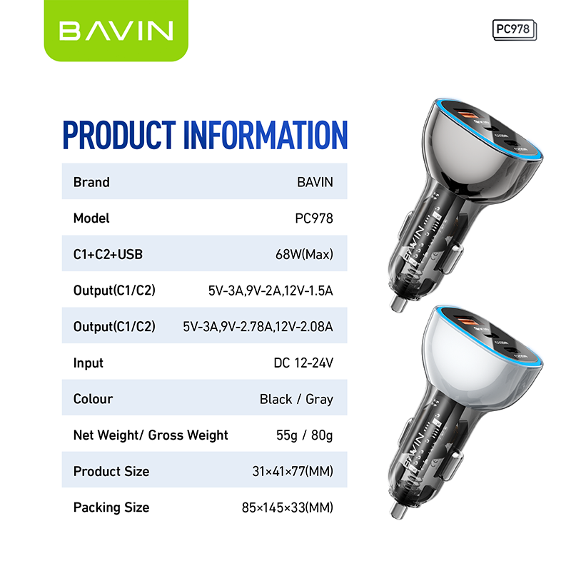 BAVIN PC978 68W PD Fast Charging USB-C Car Charger w/ 2x Type-C Port 25W / 1x USB Port 18W QC 3. ...