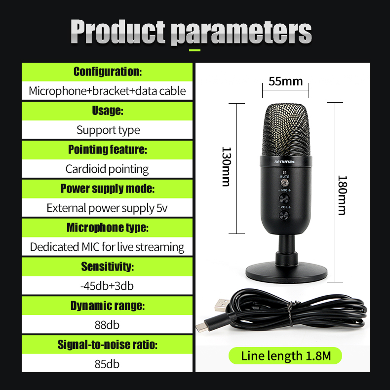 RAYHAYES JI-M10 RGB USB Microphone Gaming Mic Condenser Microphone For ...