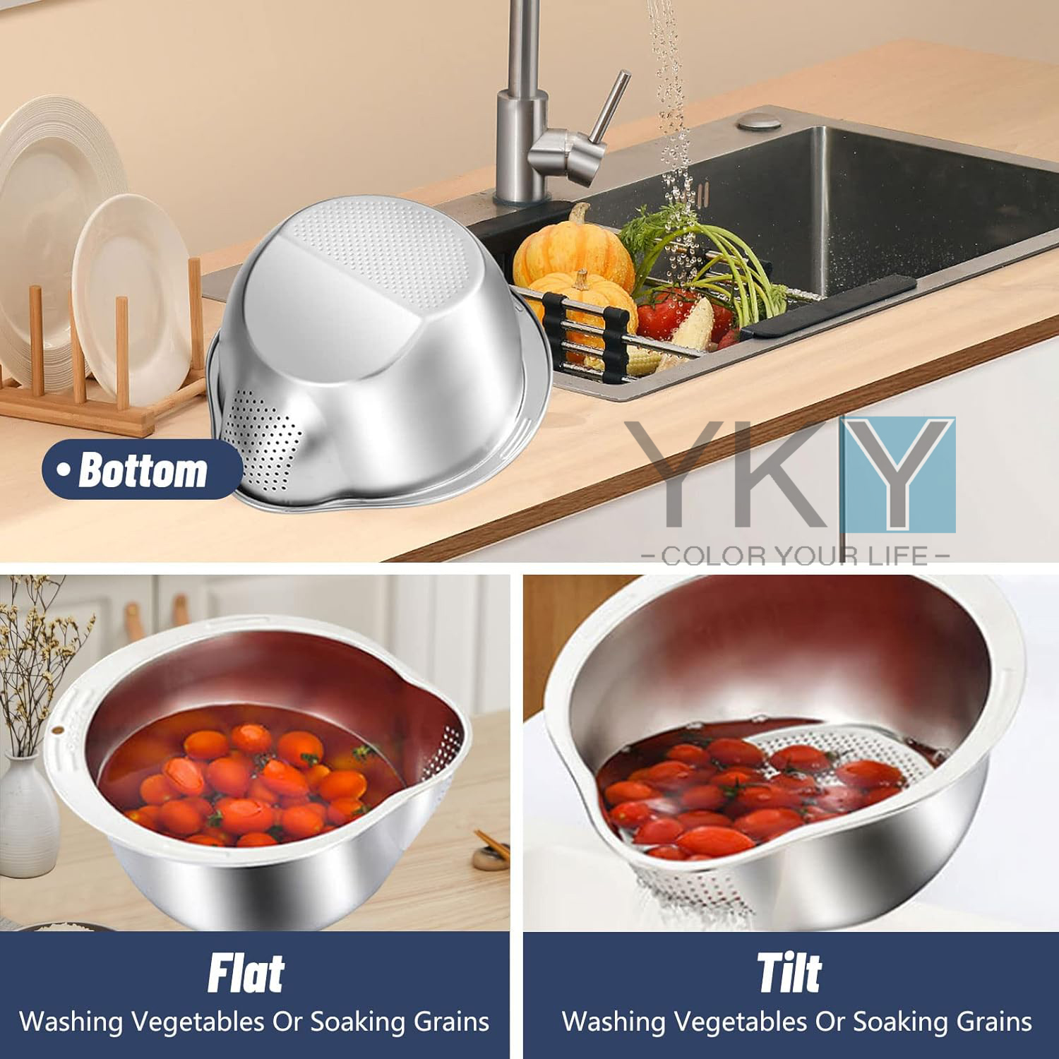 Rice Sieve Colander Fruit Vegetable Strainer Sink Drainer Washing Bowl ...