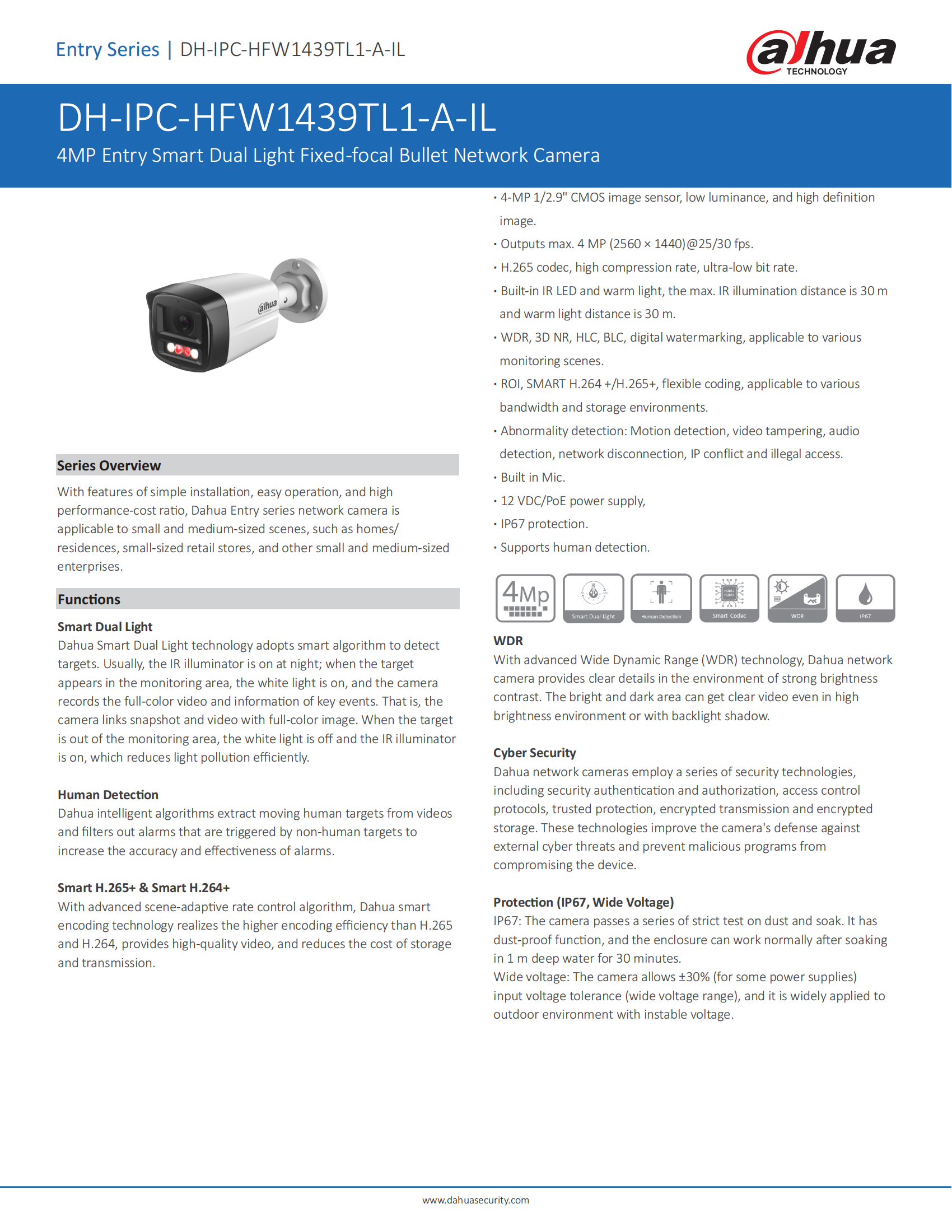 Dahua 4MP Entry Smart Dual Light Fixed-focal Bullet Network Camera with ...