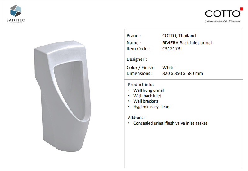 Cotto Riviera back inlet urinal C31217BI | Shopee Philippines