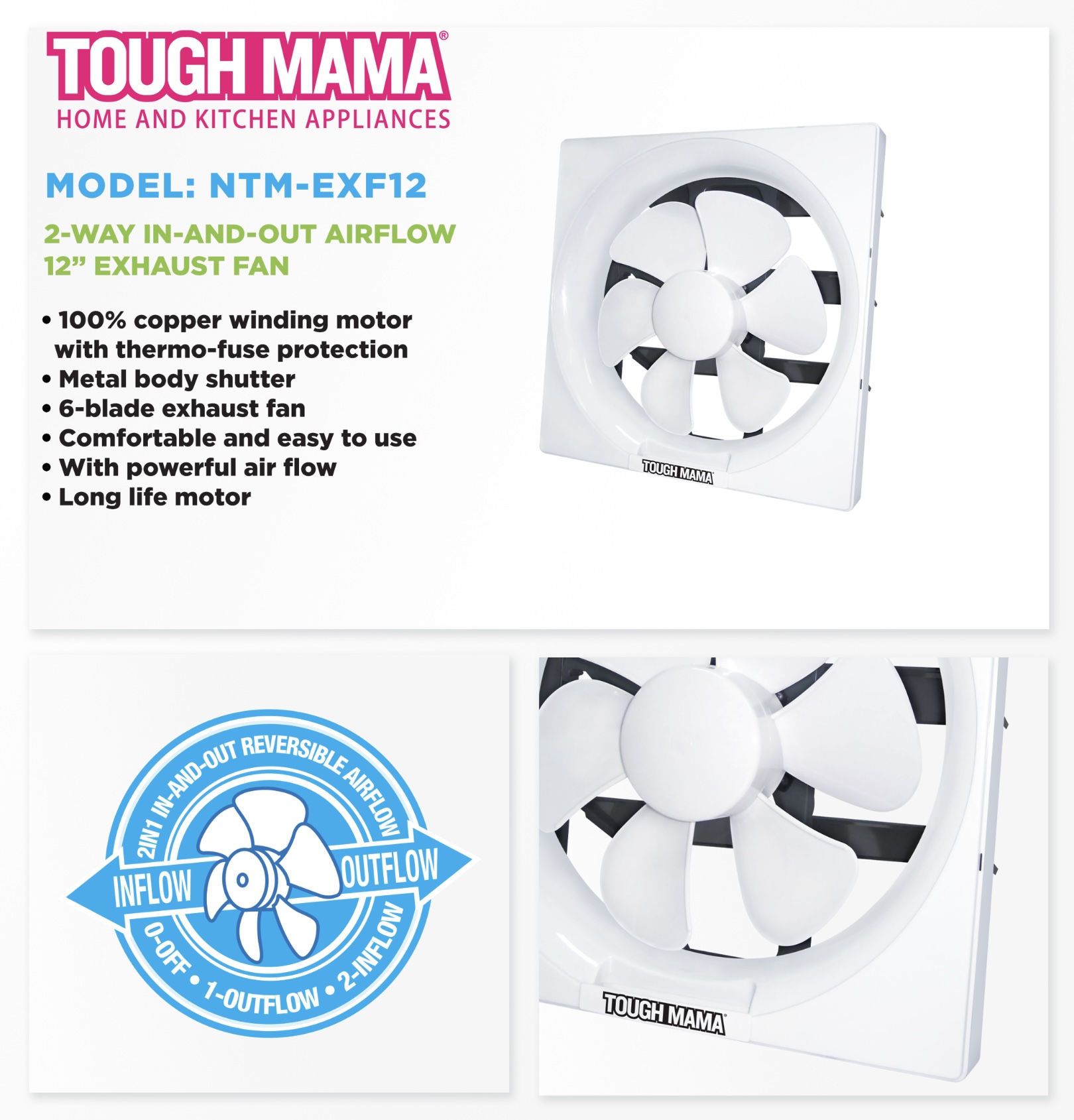 Tough Mama NTM-EXF Two-way Exhaust Electric Fan Powerful Reversible Air ...