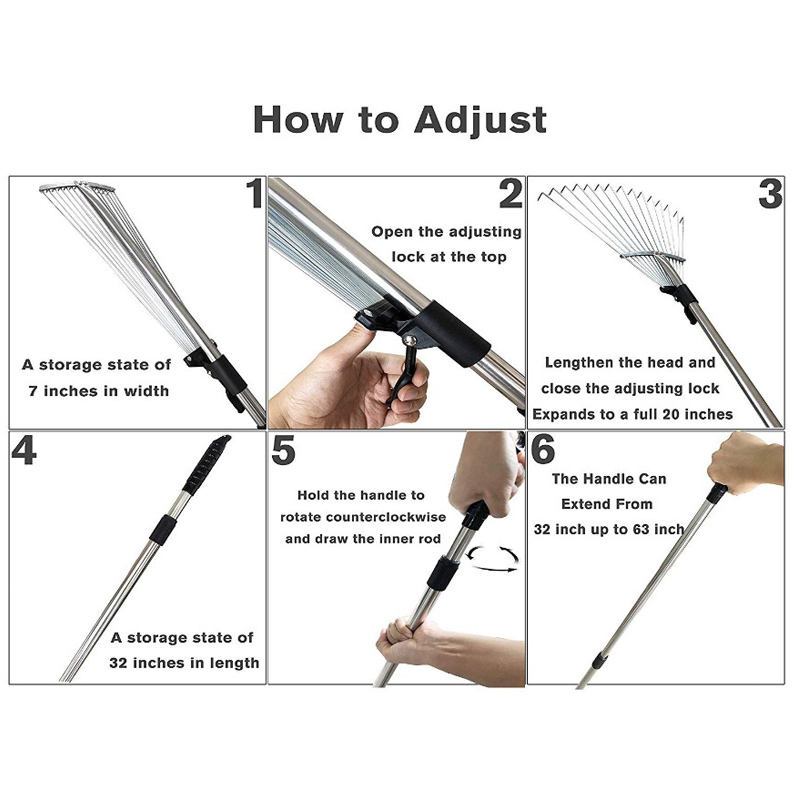 Telescopic Rake 15 Teeth Garden Leaf Rake Cleaning Leaves Rake ...