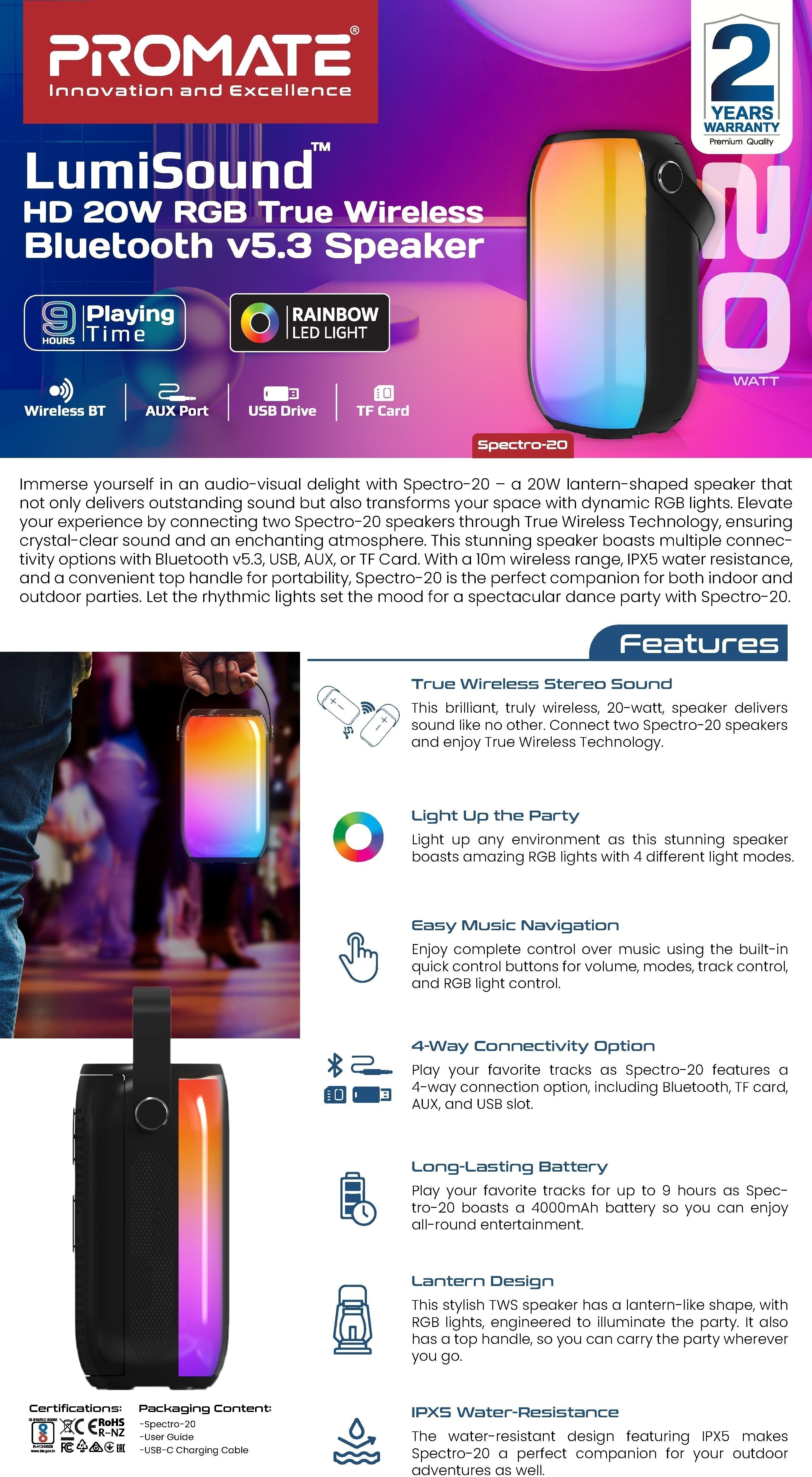 Promate Spectro-20 LumiSound™HD 20W RGB True Wireless Bluetooth v5.3 ...
