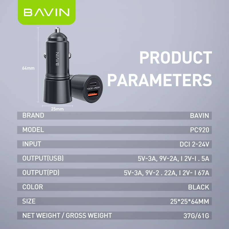 BAVIN PC920 20W PD Fast Charging Car Charger Dual USB & Type-C Port ...