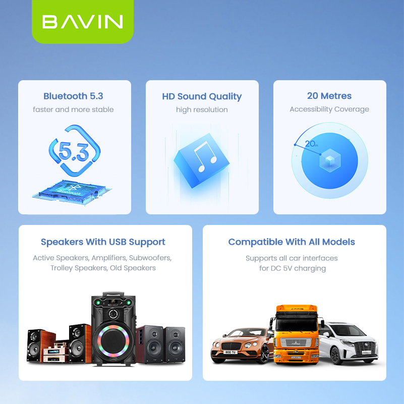 BAVIN 10 HD Sound BT 5.3 Music Receiver Plug and Play w/ 20m Distance Transmission for Car ...
