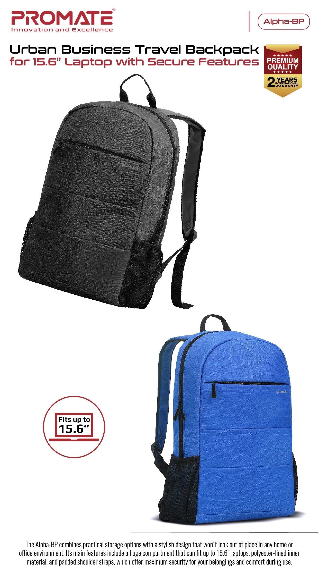 Promate Alpha-BP Durable Anti-Theft 15.6 Inches Laptop Backpack with ...