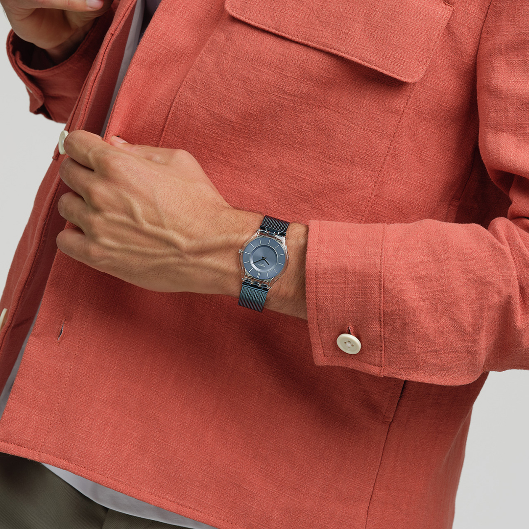 Swatch Skin Classic Cool Skies SS08K120M Blue Stainless Steel Mesh ...