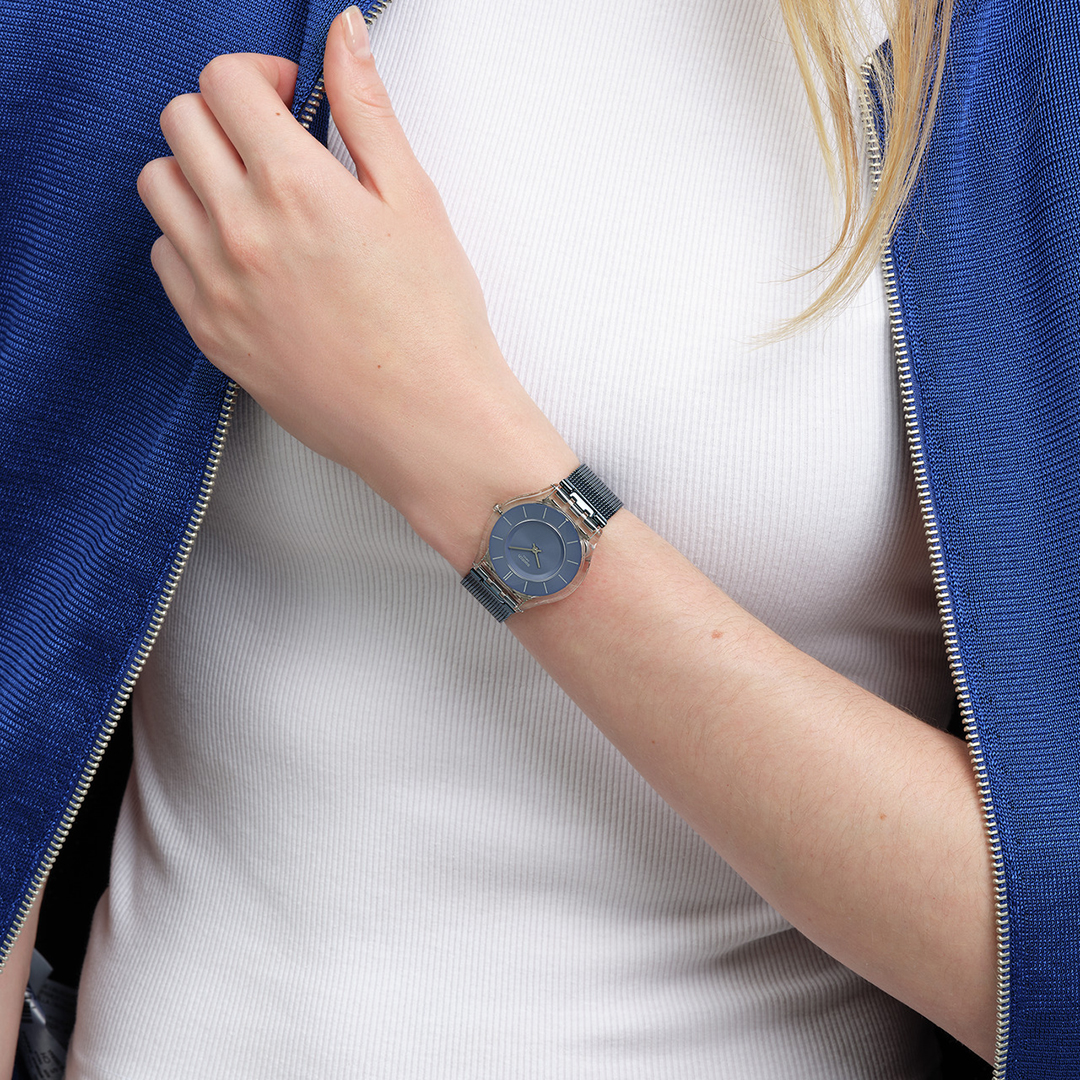 Swatch Skin Classic Cool Skies SS08K120M Blue Stainless Steel Mesh ...