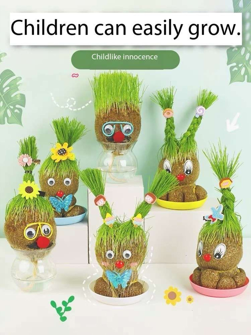 Grass Head Doll Mini Plant Indoor Potted Room Decor Children Growing ...