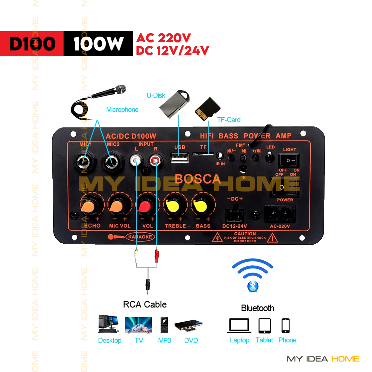 Bosca 100W HIFI Bass Power Amplifier Board AC220V DC12V/24V Dual Mic ...