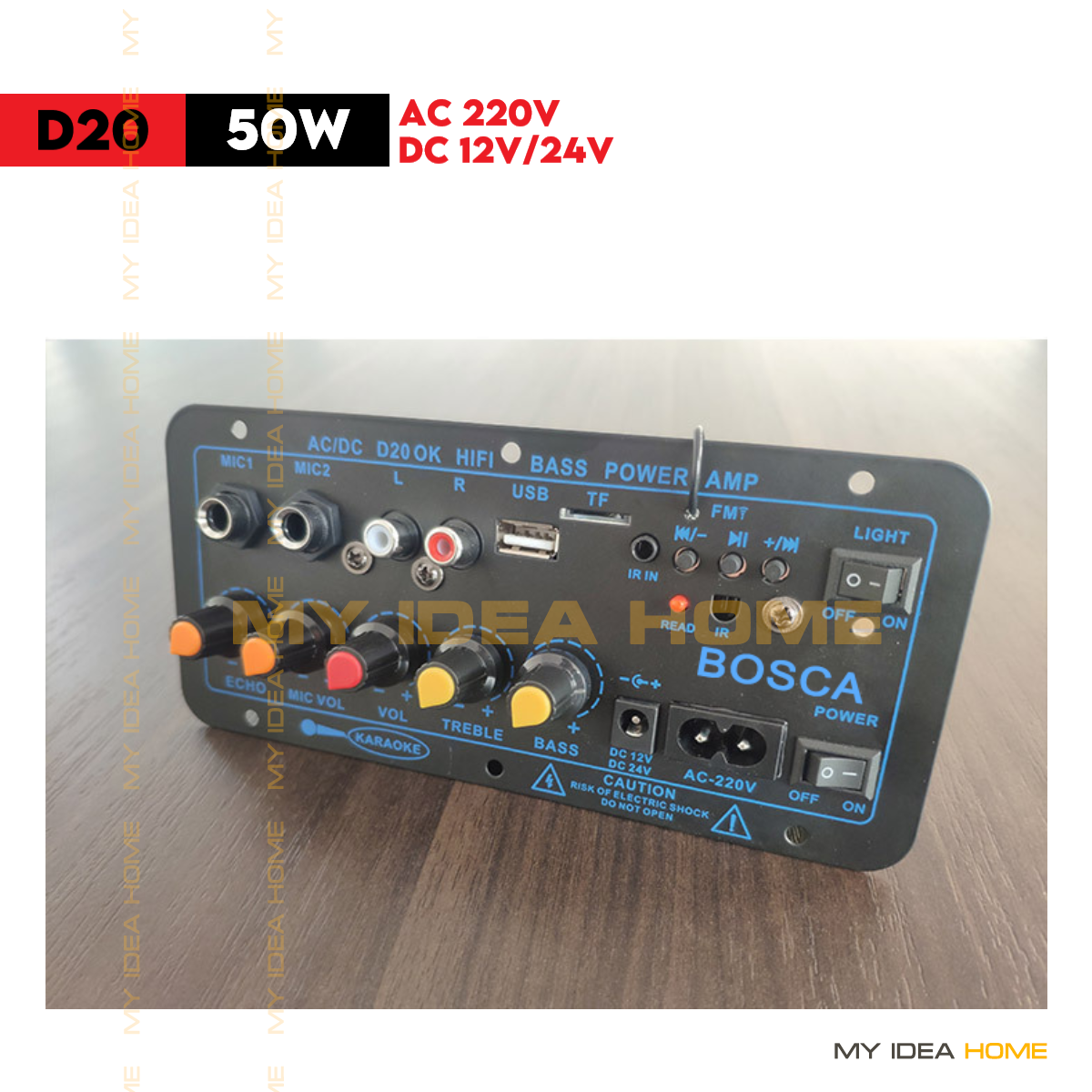 Bosca 50W HIFI Bass Power Amplifier Board AC220V DC12V/24V Dual Mic Car ...