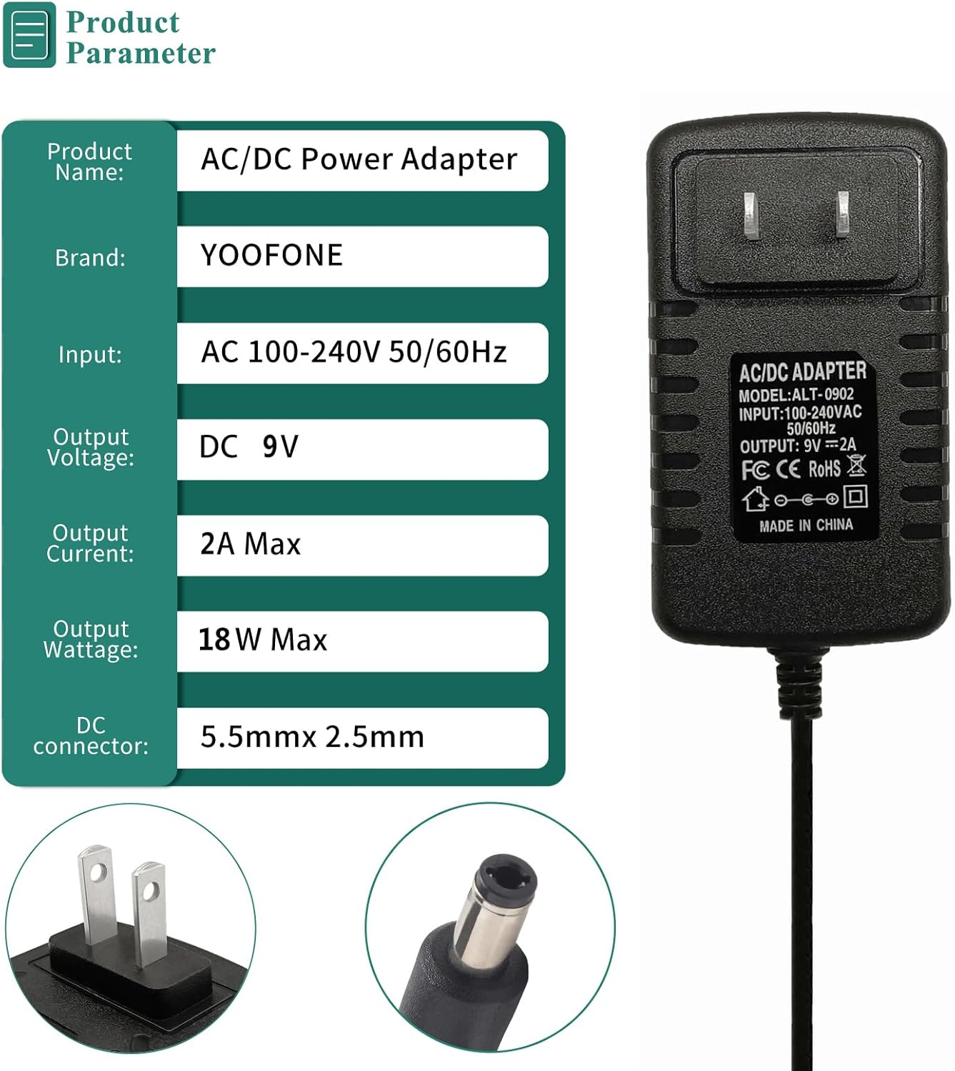 ALLAN 9V 2A AC/DC Adapter Power Supply 2 Amp 9 Volt Replacement Charger ...
