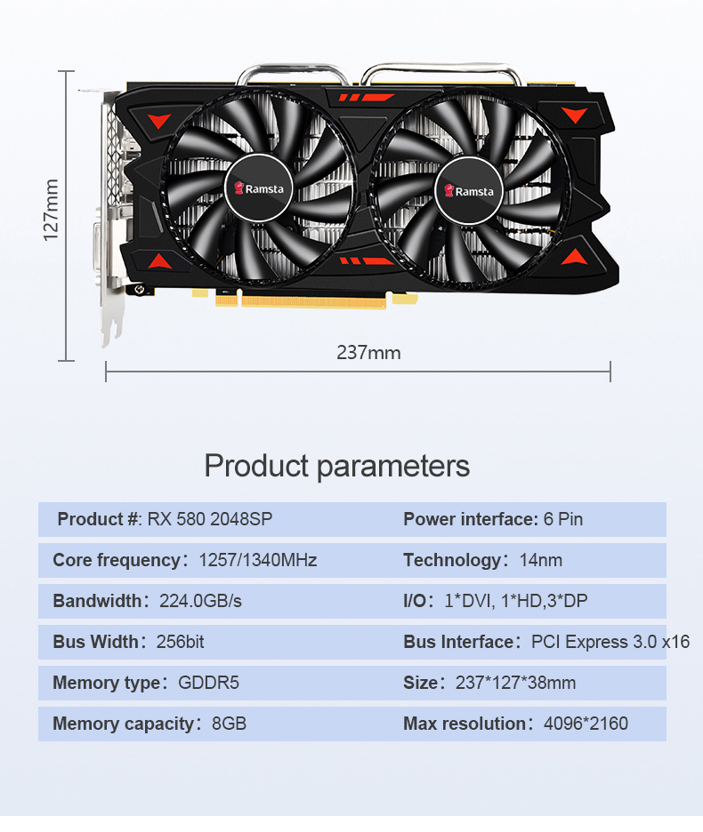 RAMSTA AMD RX550 4GB / RX580 8GB Graphics Card GDDR5 256Bit Computer ...