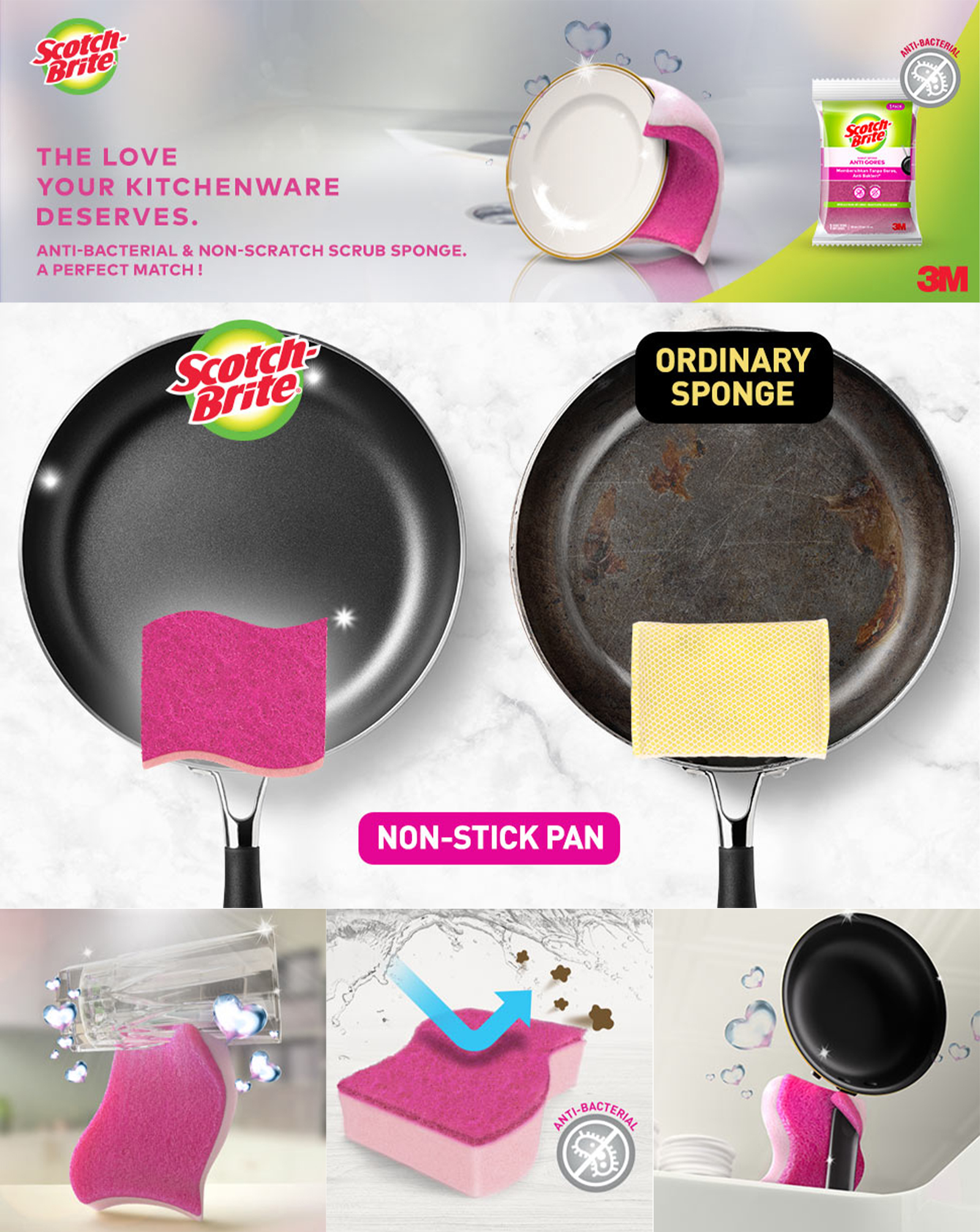 3M™ Scotch-Brite® Easy Clean Scrub Sponge - Pink 3 pcs/VP 115mm x 70mm ...