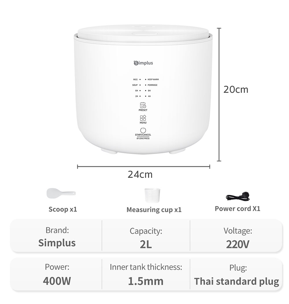 Simplus Electric Rice Cooker 24h Cooking Set Up & 4 Cooking Programs 2L ...