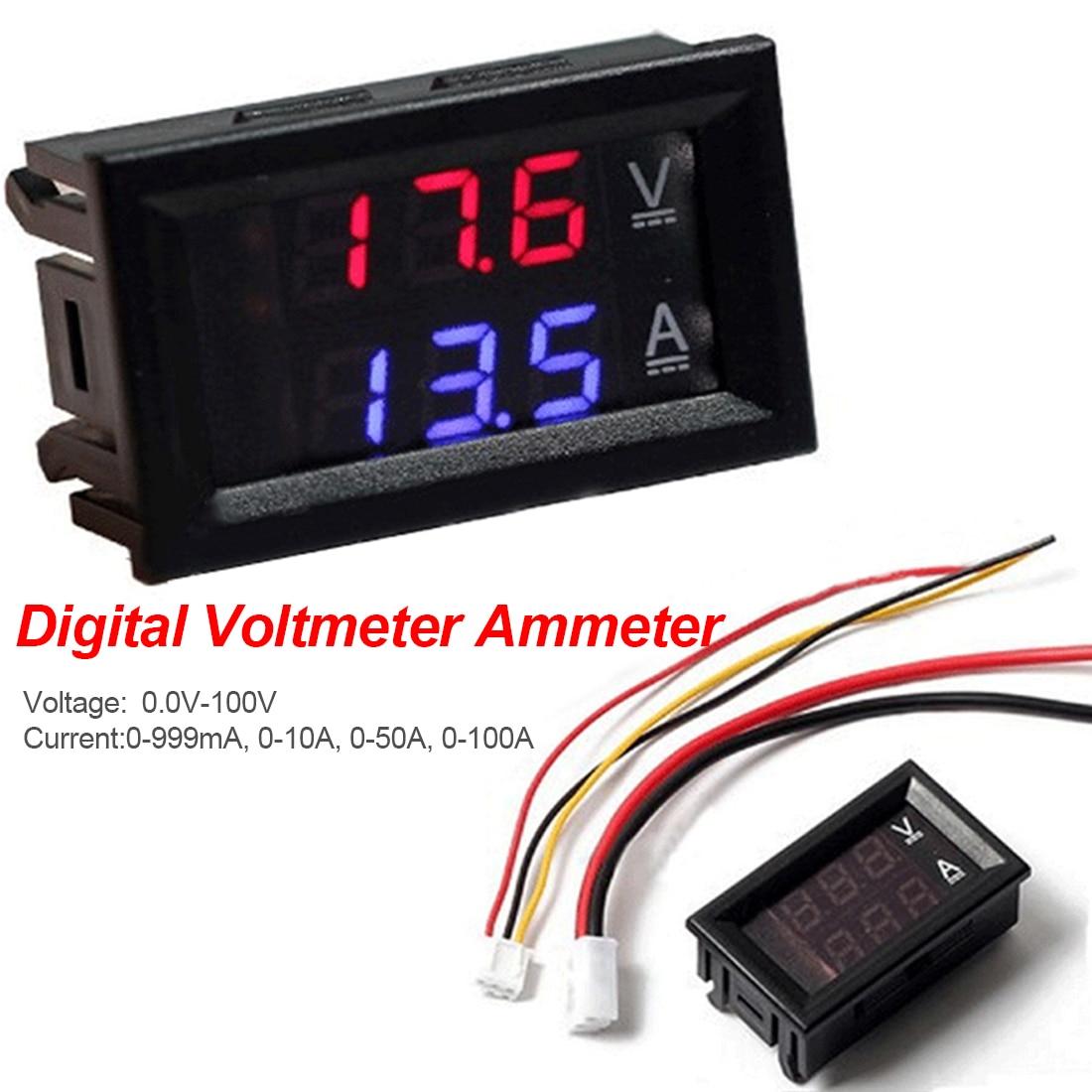 2 In 1 DC 100V 10A Voltmeter Ammeter Red Blue LED Dual Digital Display ...