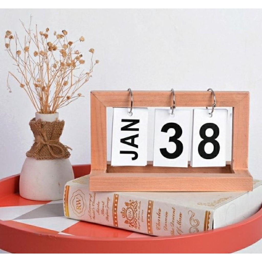 Vintage Wood Calendar Perpetual Wooden Flip Calendar Turn Page Month ...