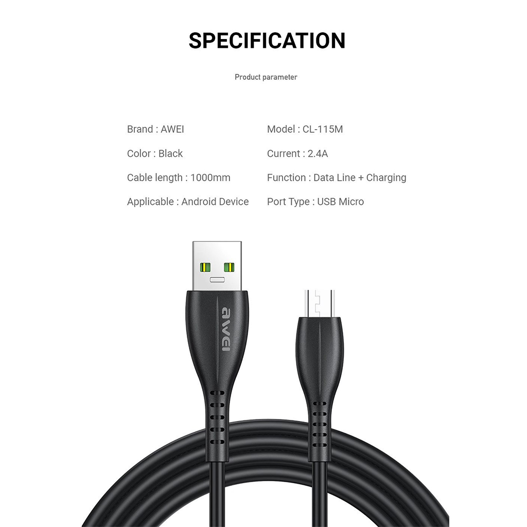 Awei CL-115M Fast Charging Data Transmission Cable for Micro USB 2.4A ...