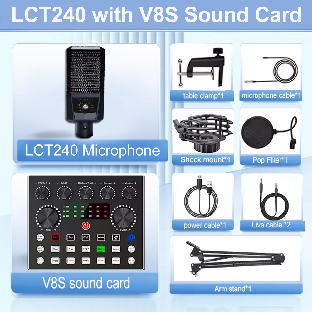 Popcorn LCT240 Condenser Microphone Full Set with V8S Soundcard for ...