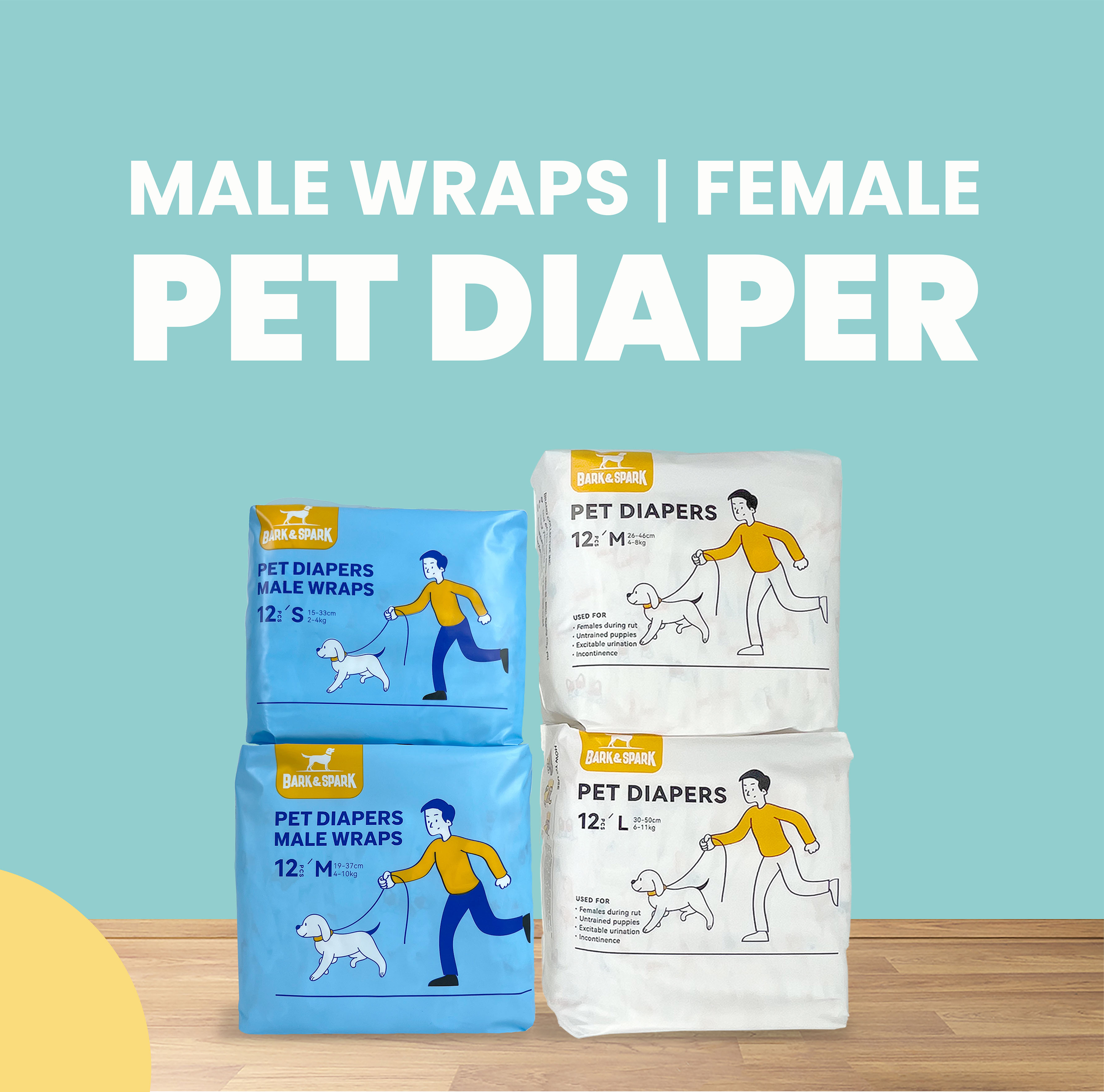 Bark and Spark Disposable Dog Diapers - Box of 12 (144 pcs), Male Wraps ...