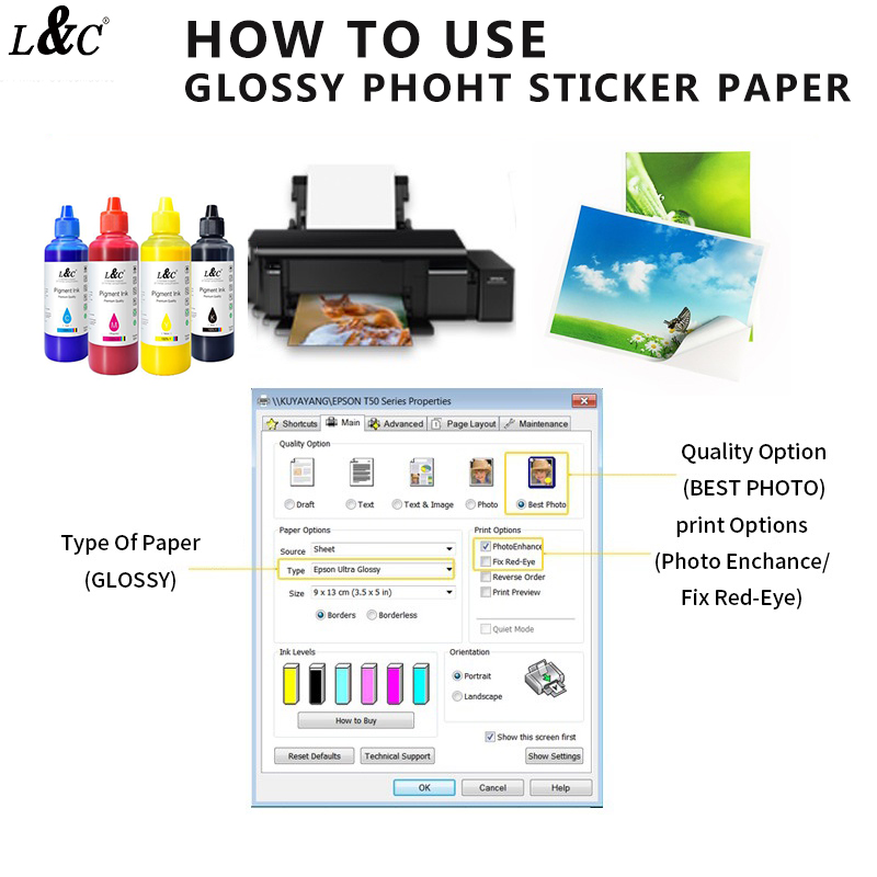L&C Photo Sticker Paper 135gsm Glossy A4 Size 20/50Sheets Waterproof ...