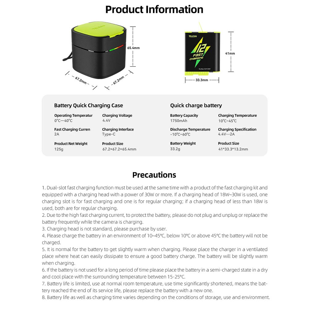 TELESIN Quick-Charge GoPro Hero 12 11 10 9 - 2 Slot Fast Charging Case ...