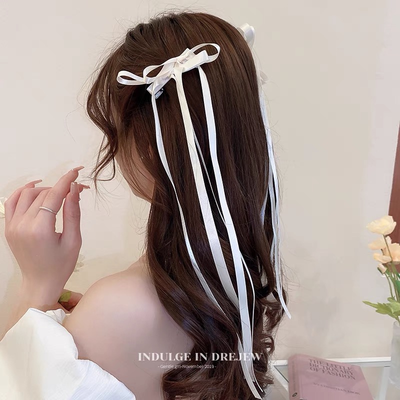 2 Pcs Korean Ribbon Bow Hair Clip Set Long Silk Ribbons Hairpin Ballet ...