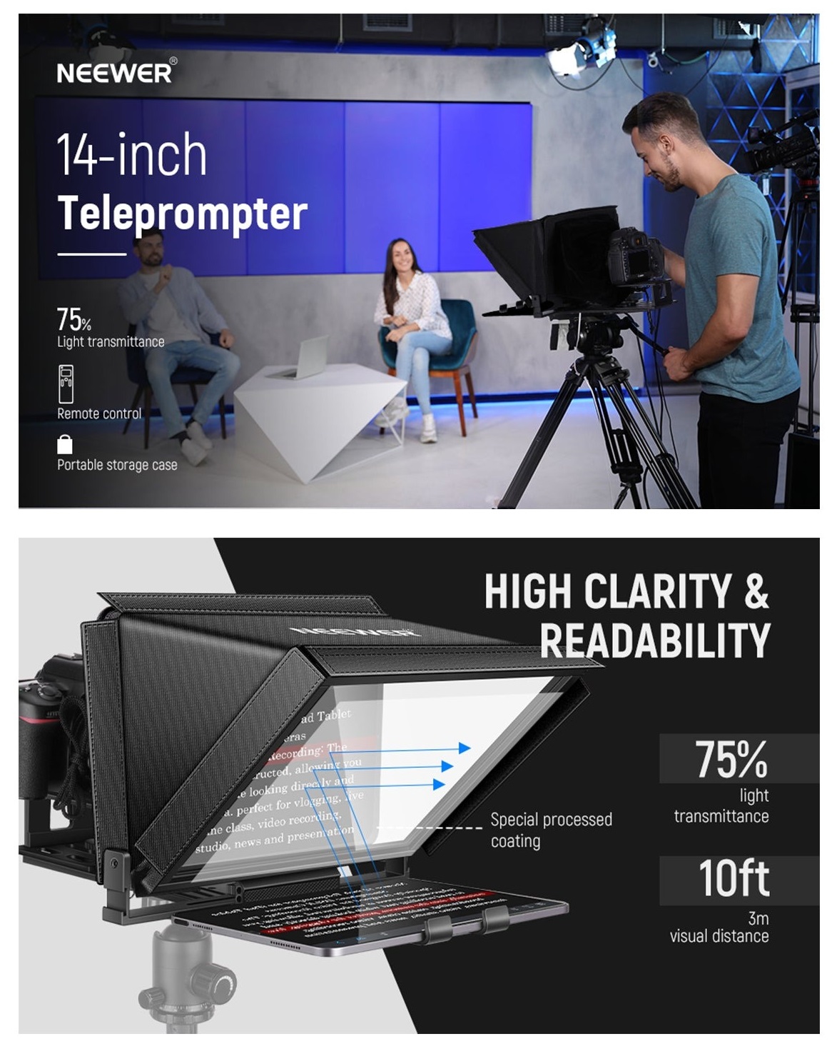 Neewer X12 14" Multifunctional Teleprompter with RT113 Remote, Dual ...