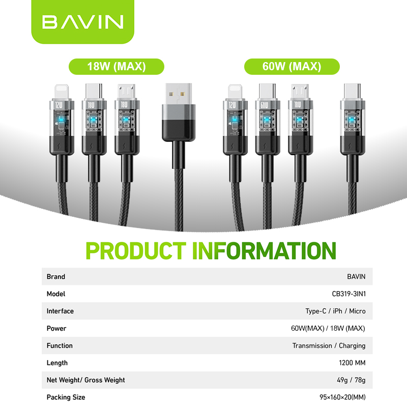 BAVIN CB319 60W PD Fast Charging Cable 3 in 1 Type-C / USB Nylon ...