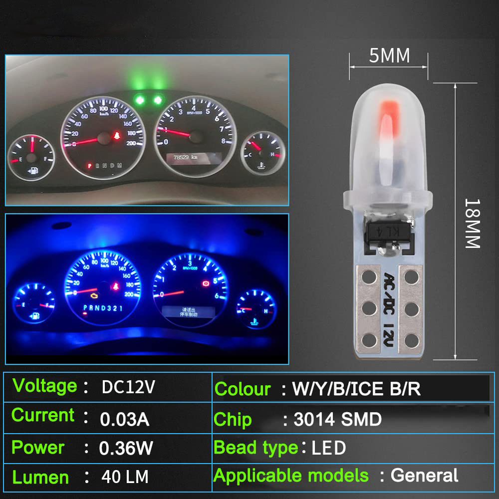 T5 LED Buld Dash Lights W3W W1.2W Dashboard Indicator Light Cluster ...