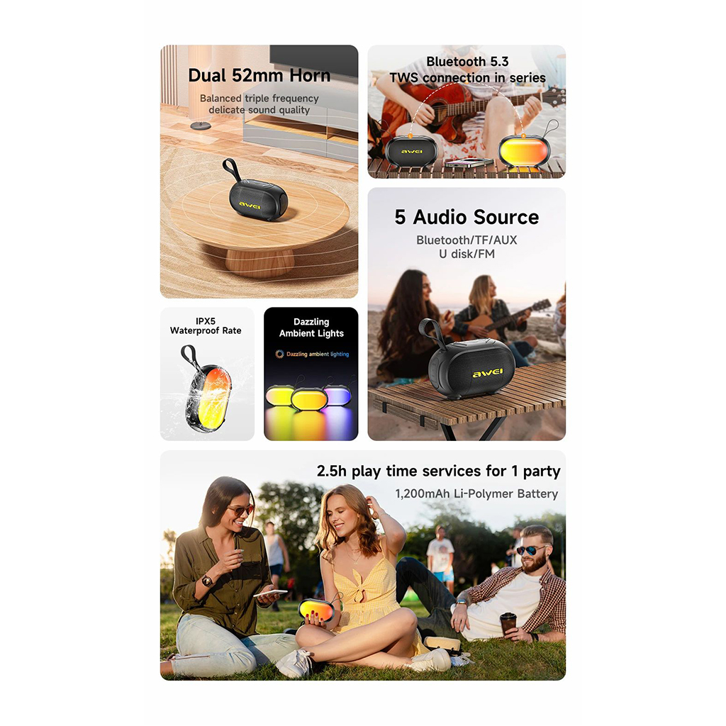 Awei KA1 TWS Bluetooth Portable Speaker Wireless Outdoor RGB Lights ...