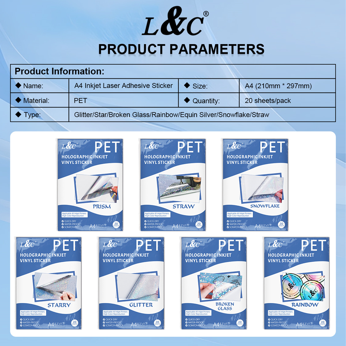 L&C Holographic Inkjet Vinyl Sticker Waterproof A4 20Sheets With ...