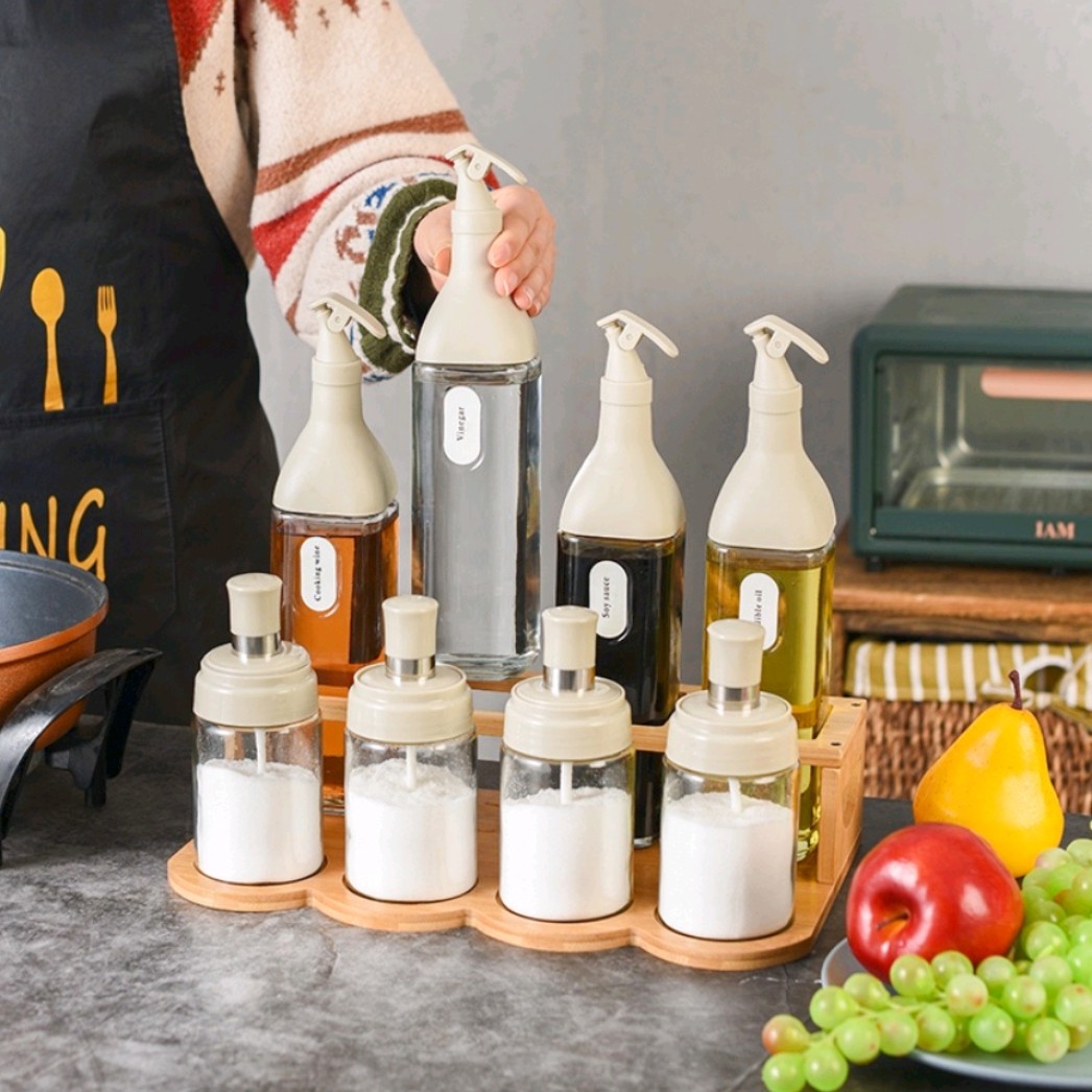 Cream Kitchen Glass Oil Bottle Seasoning Bottle Set with Wooden Rack ...