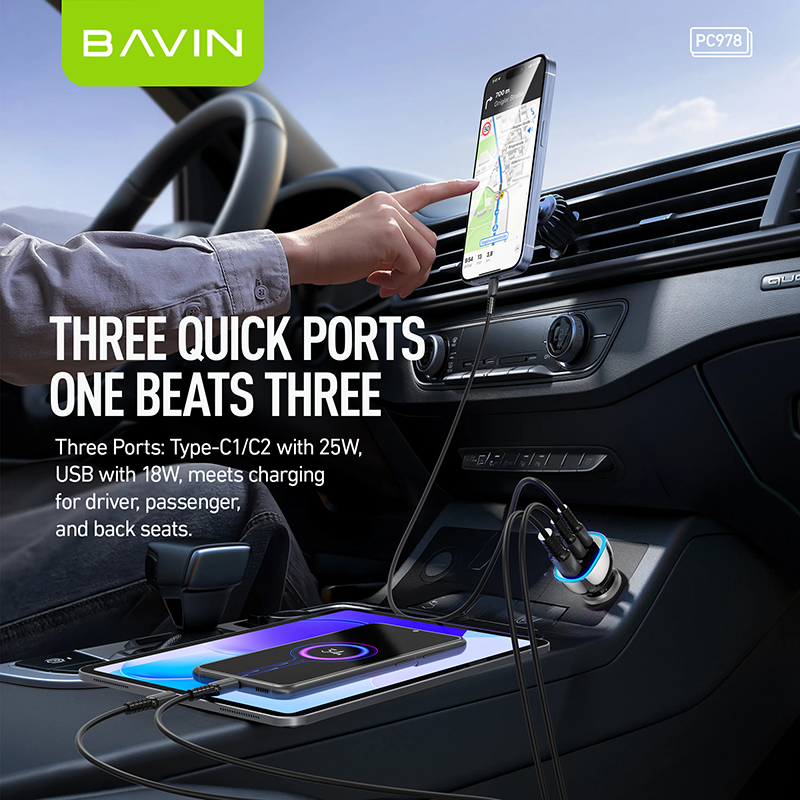 BAVIN PC978 68W PD Fast Charging USB-C Car Charger w/ 2x Type-C Port 25W / 1x USB Port 18W QC 3. ...
