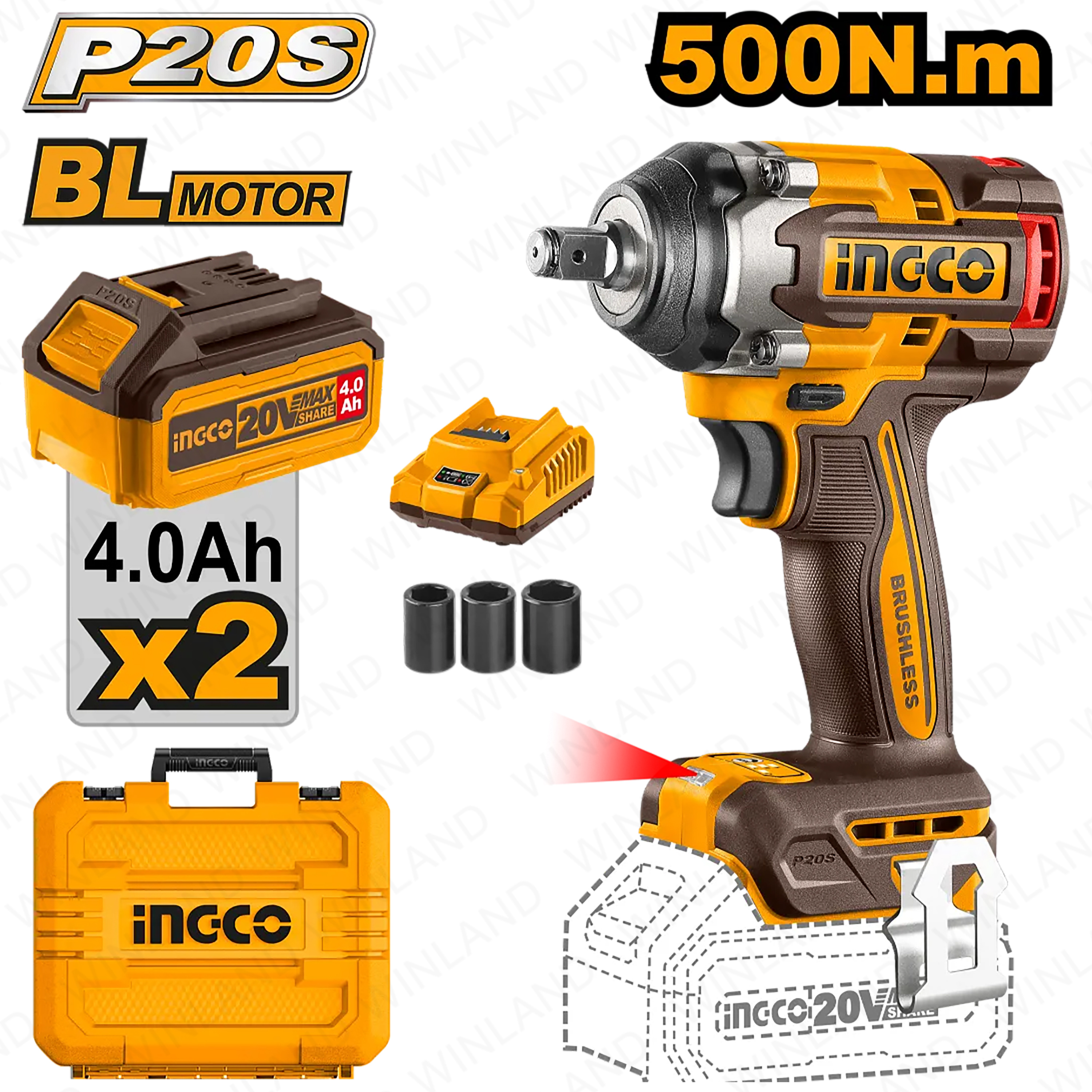 Ingco by Winland P20S/20V Brushless Motor Lithium-Ion Cordless Impact ...
