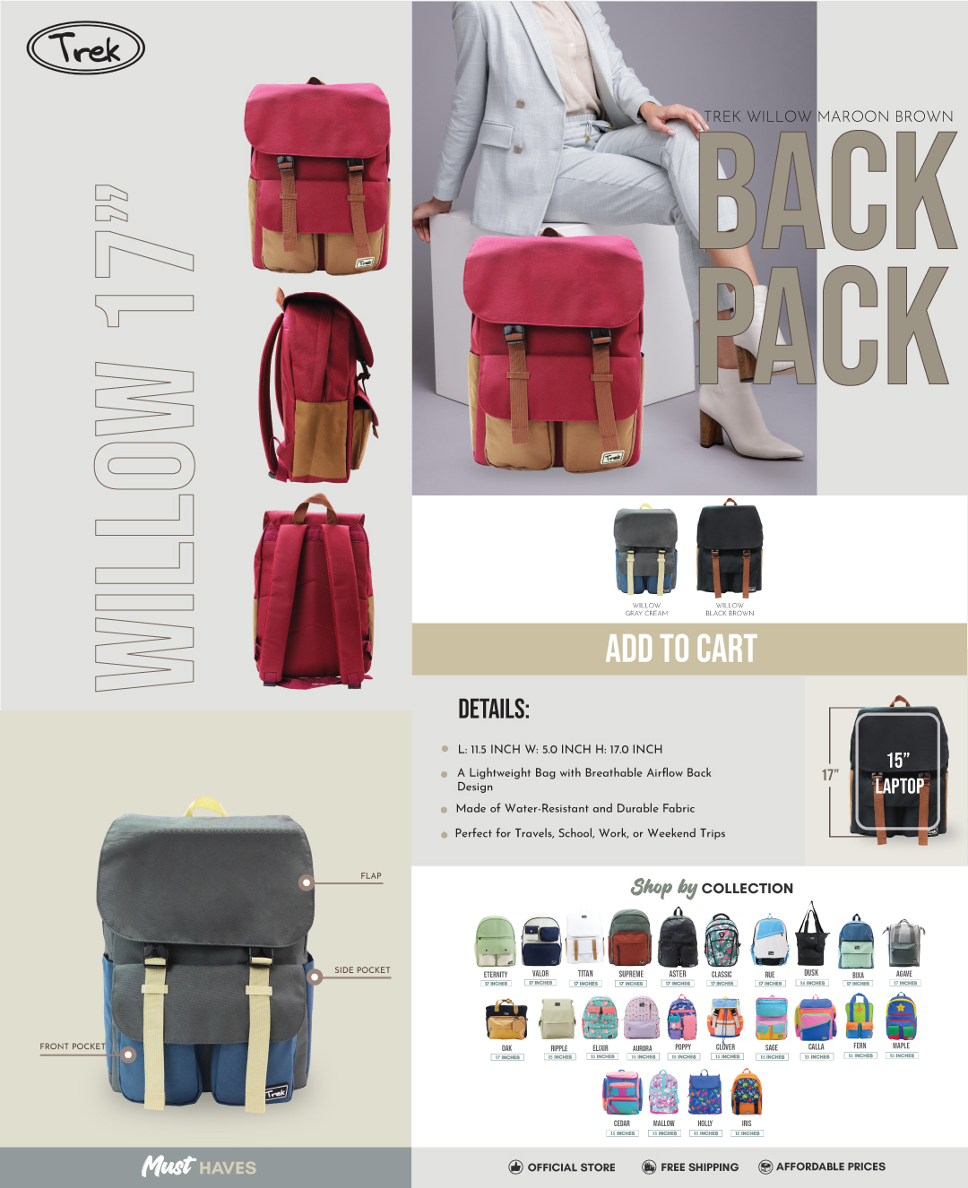 Trek Willow 17" Backpack–Stylish, Durable School Bag for Teens, Adults ...